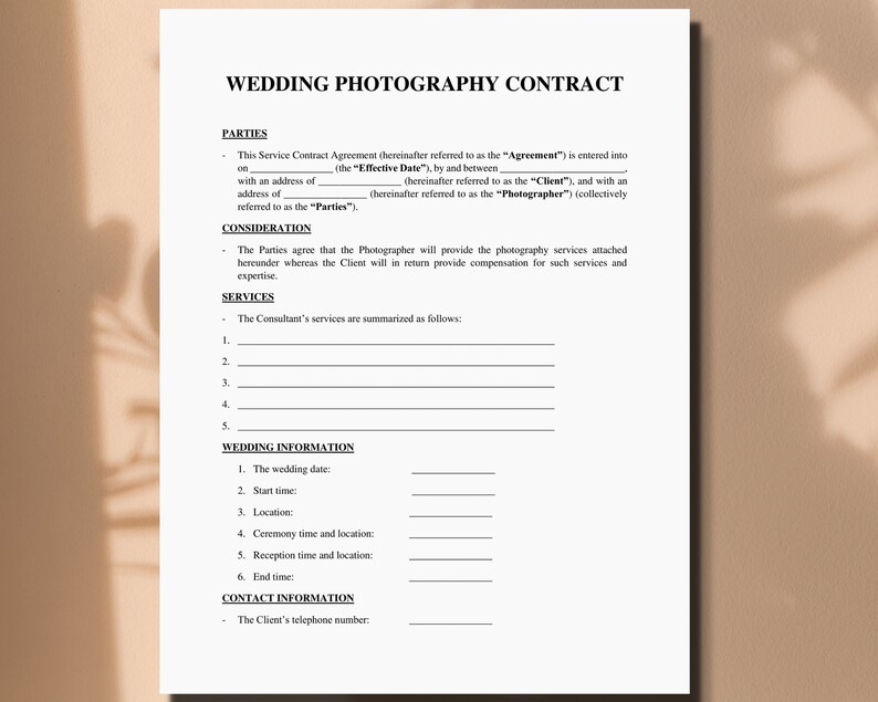 Wedding Photography Contract Template, Photography Business Form ...