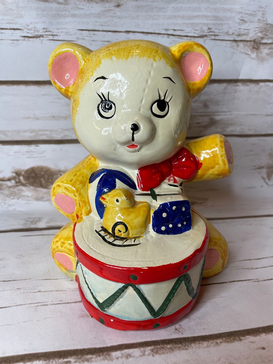 Vintage Ceramic Teddy Bear With Drum Coin Bank - Etsy