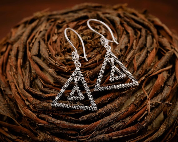 Filigree 925 Sterling Silver Double Triangles Earrings in - Etsy