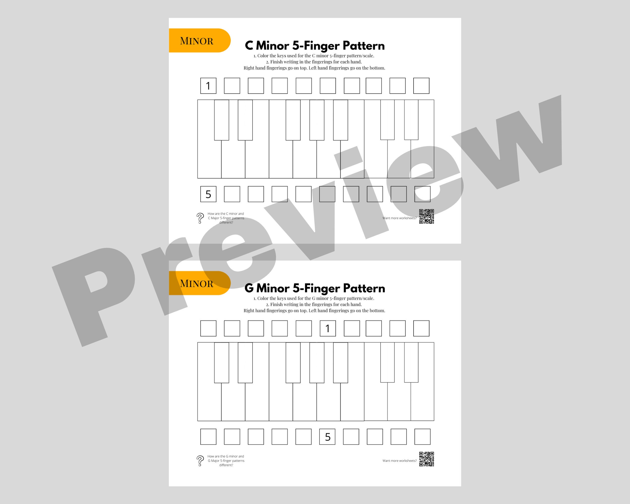 Pack of *12* MINOR 5-finger Pattern/scale Worksheets - Beginner Piano ...