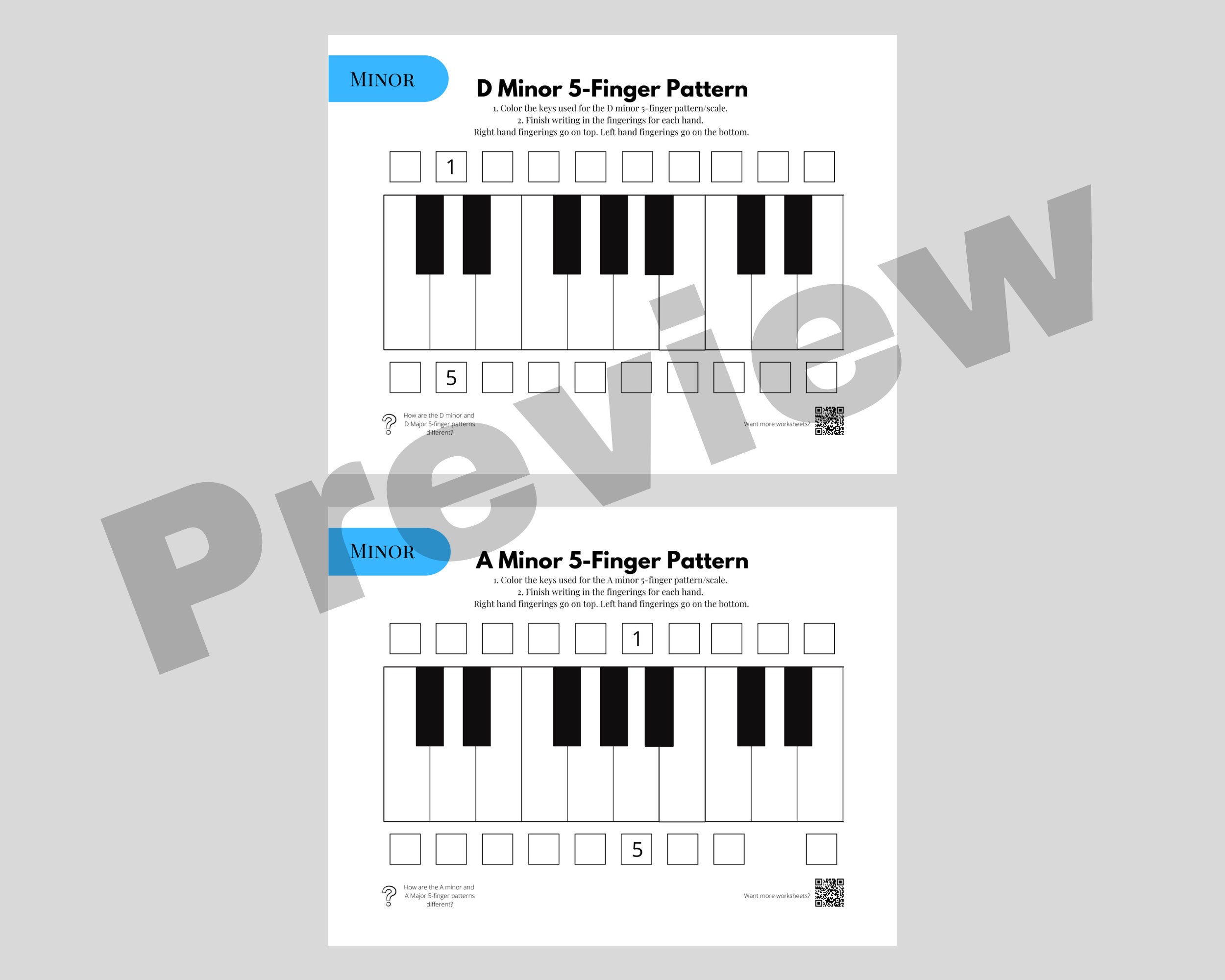 Pack of *12* MINOR 5-finger Pattern/scale Worksheets - Beginner Piano ...