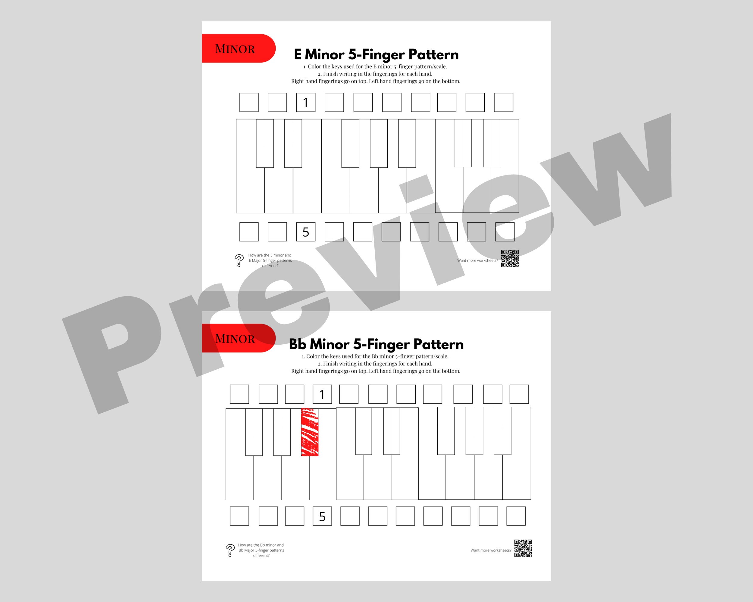Pack of *12* MINOR 5-finger Pattern/scale Worksheets - Beginner Piano ...