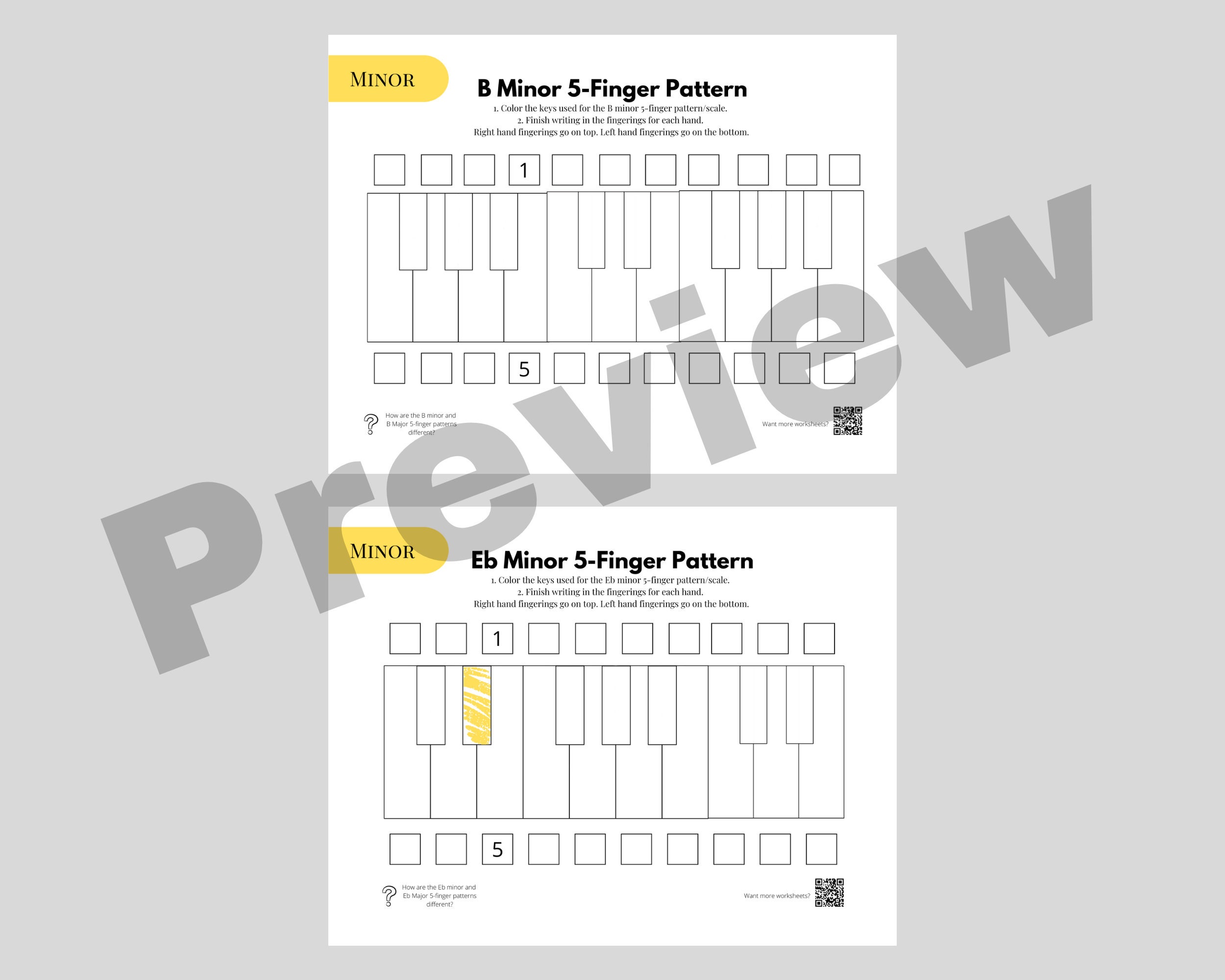 Pack of *12* MINOR 5-finger Pattern/scale Worksheets - Beginner Piano ...