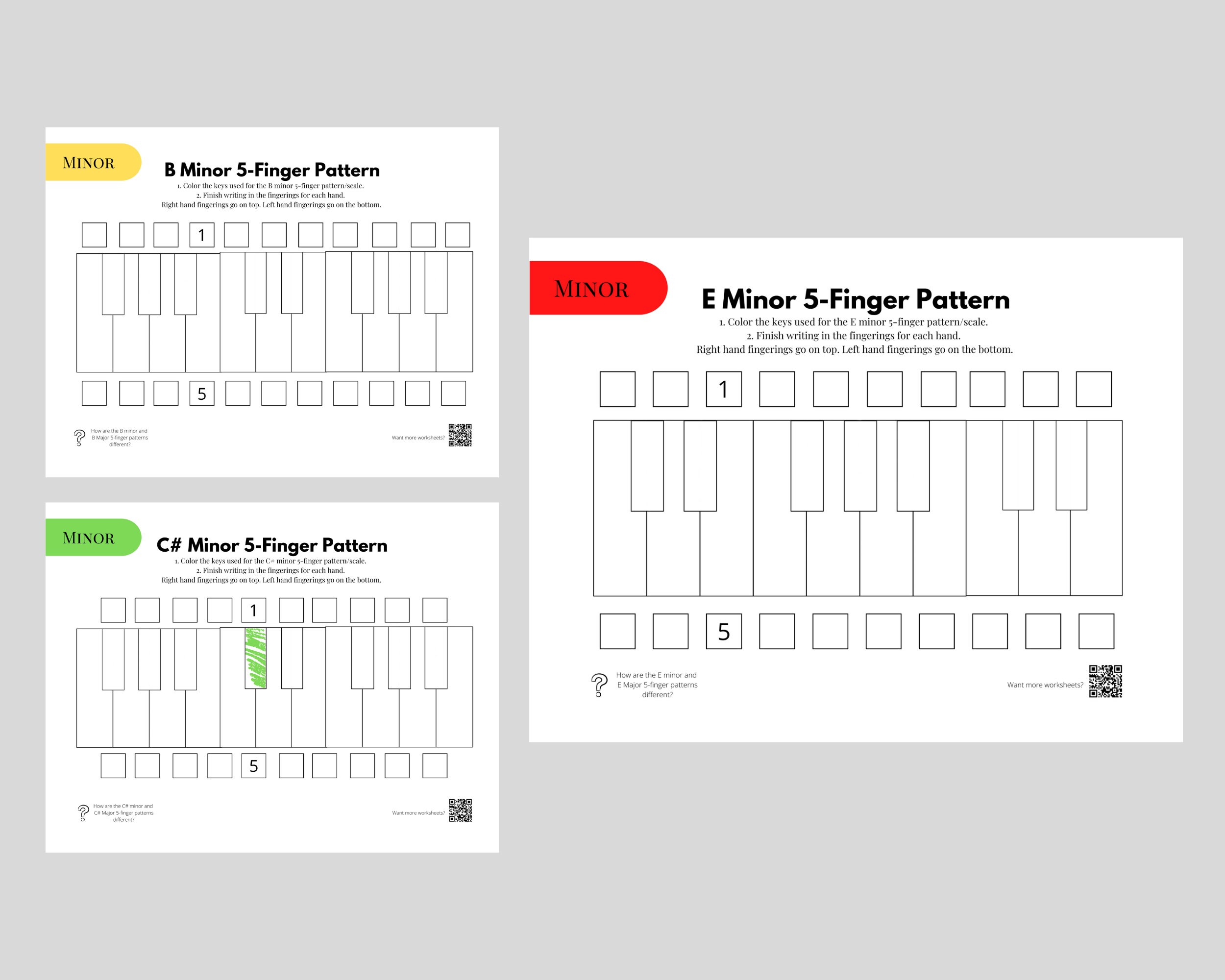 Pack of *12* MINOR 5-finger Pattern/scale Worksheets - Beginner Piano ...