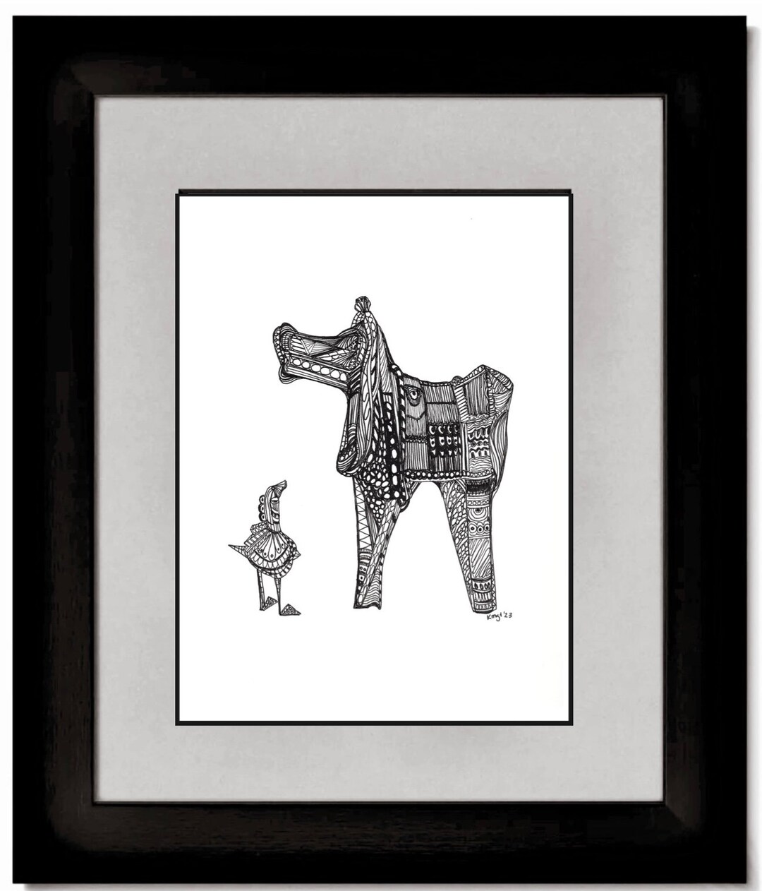 Humorous Animal Drawing Abstract Pen Art Print Black and White Design ...