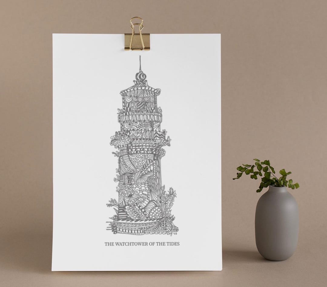Minimalist Coastal Line Art Print, 8x10 Black and White Watchtower ...