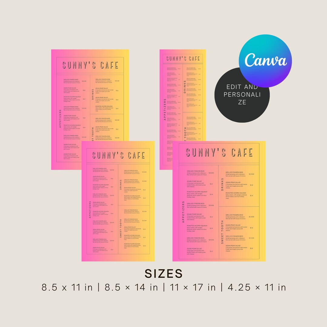 Sunset Breeze Party Menu Editable on Canva 4 Sizes 8.5 - Etsy