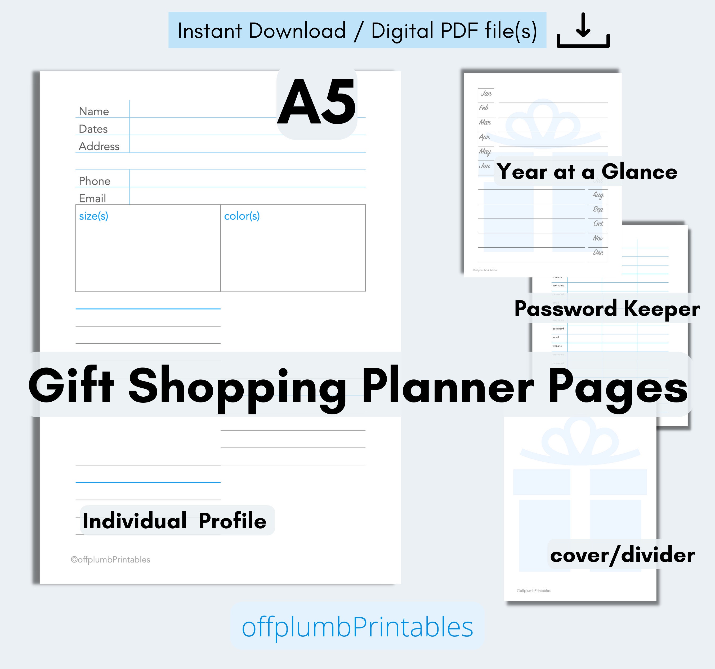 Printable Bundle GIFT Shopping Planner Insert PROFILE Page Annual Year ...
