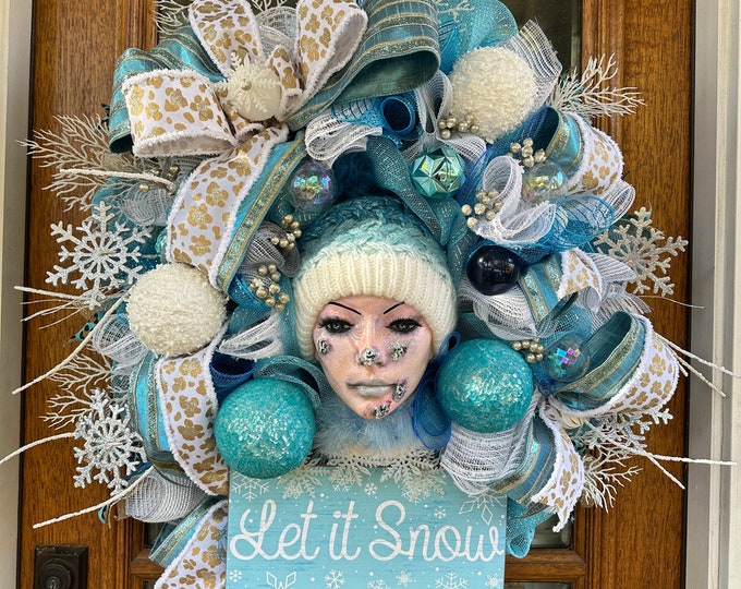 Primitive Winter Handcrafted Wood Hanging Sled W/ Snowman Mittens ...