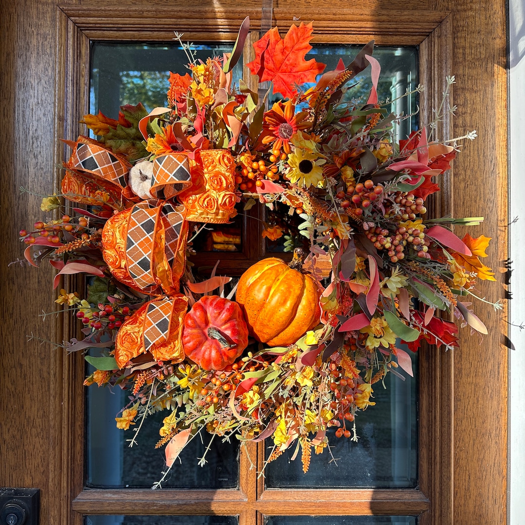 Autumn Wreath for Front Door, Fall Door Decor, Pumpkin Harvest Wreath ...