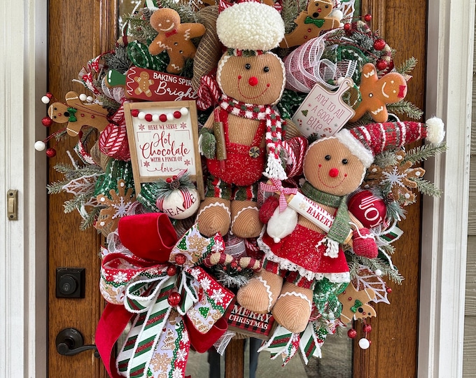 XL Gingerbread Christmas Wreath, Boy and Girl Gingerbread, Handmade ...