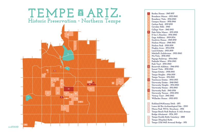 Tempe, Arizona, Historic Neighborhood Map Art Print - Etsy