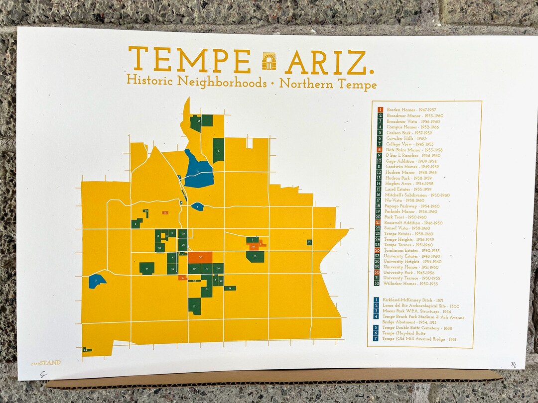 Tempe Arizona Historic Neighborhood Map Art Print - Etsy