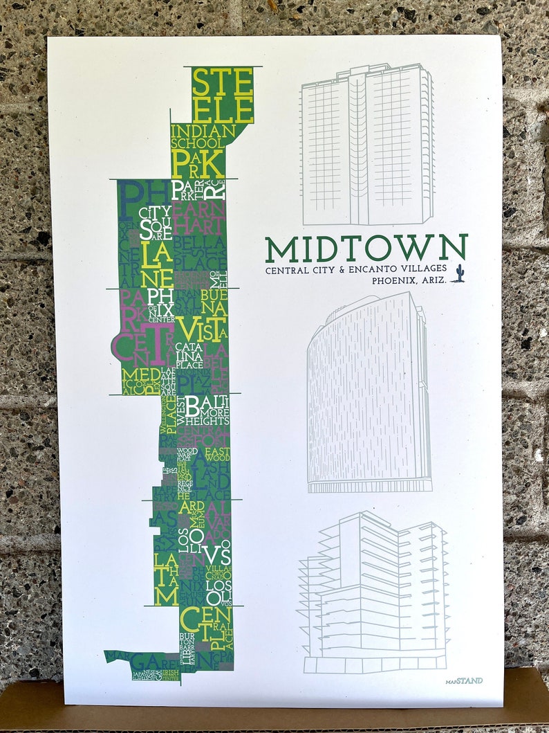 Midtown, Phoenix, Arizona Neighborhood Map Art Print - Etsy