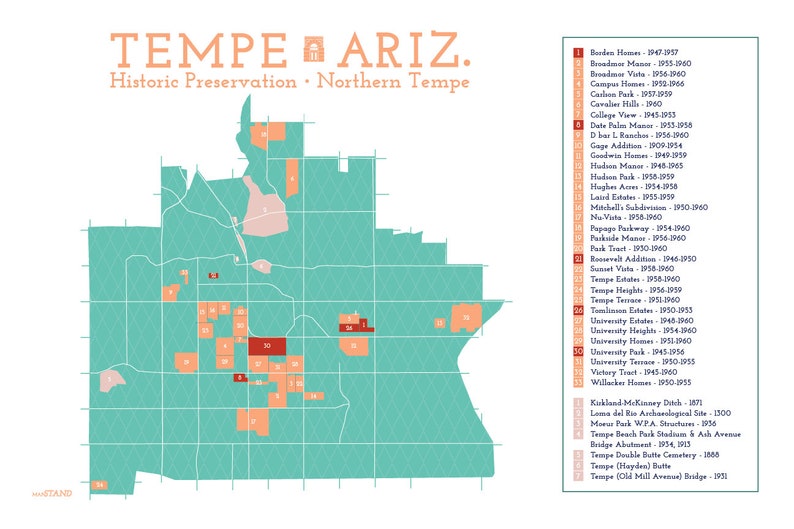 Tempe, Arizona, Historic Neighborhood Map Art Print - Etsy