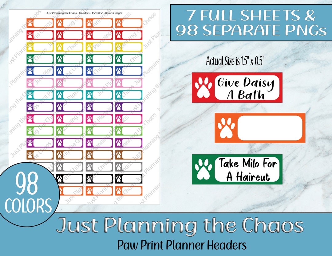 PAW PRINT / VET Planner Headers: 98 Colors, Printable Vertical Planner ...