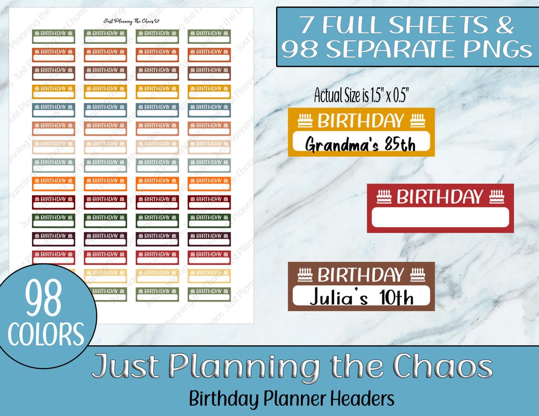BIRTHDAY REMINDER / TRACKER Planner Headers: 98 Colors, Printable ...