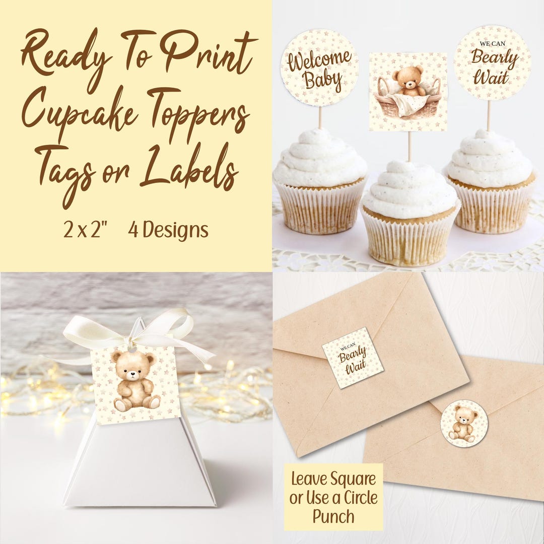 Teddy Bear Baby Shower Cupcake Toppers & Tags (printable PDF/PNG ...