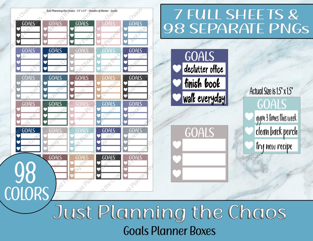 Printable Planner Stickers: Goals Boxes in 98 Colors (PDF, PNG, Digital ...