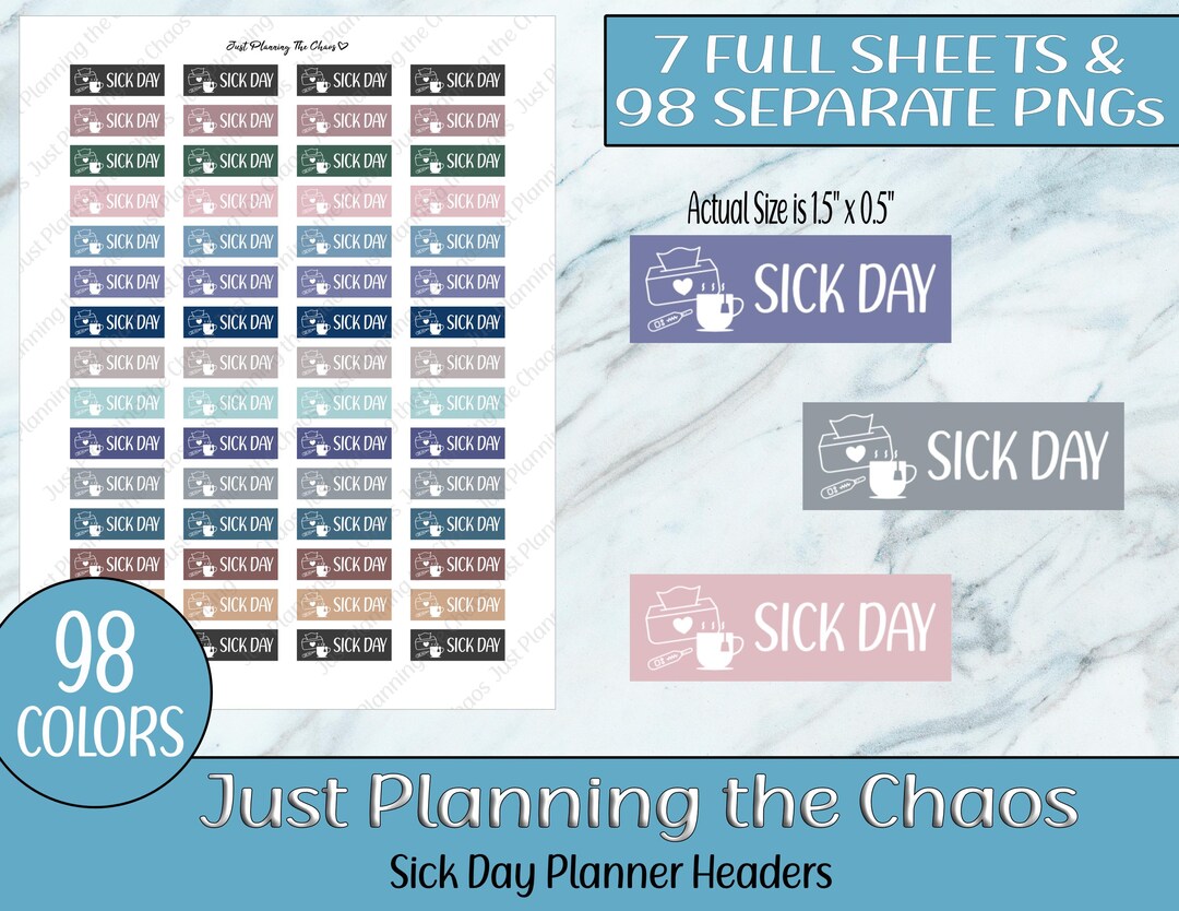 SICK DAY Planner Headers: 98 Colors, Printable Vertical Planner ...
