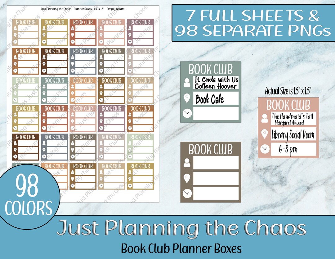 Printable Planner Stickers, Planner Boxes, Book Club Stickers, Reading ...