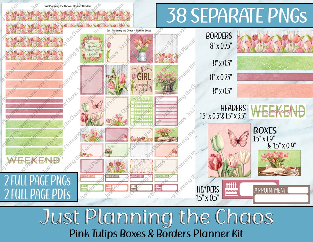 Printable Planner Stickers, Pink Tulips Planner Headers, Tulip Planner ...