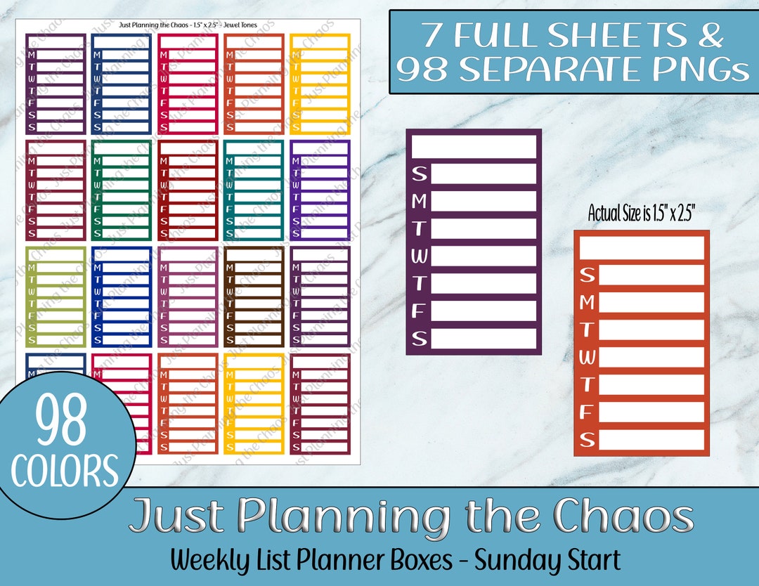 Printable Planner Stickers, Weekly List Planner Sticker, Sunday Start ...