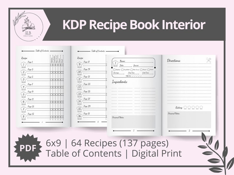 Blank Recipe Book Pages | Canva Template Inc | 6x9 Inch | Table of ...