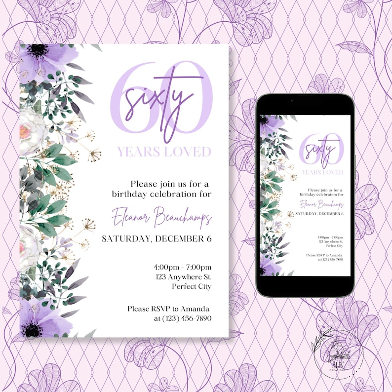 60th Birthday Floral Party Invitation Template | Editable Invite ...