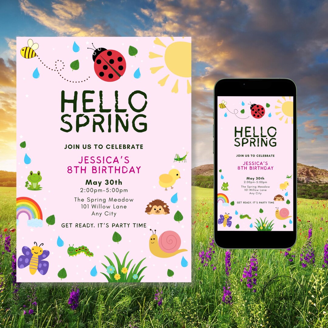 Spring Birthday Invitation for Kids | Pink Birthday Invite | Garden ...