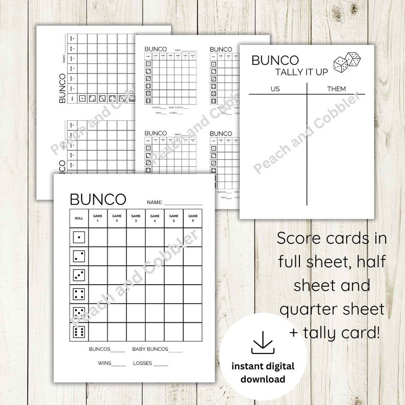 Basic Bunco | Minimalist Bunco Score Card and Tally Sheet Printable ...