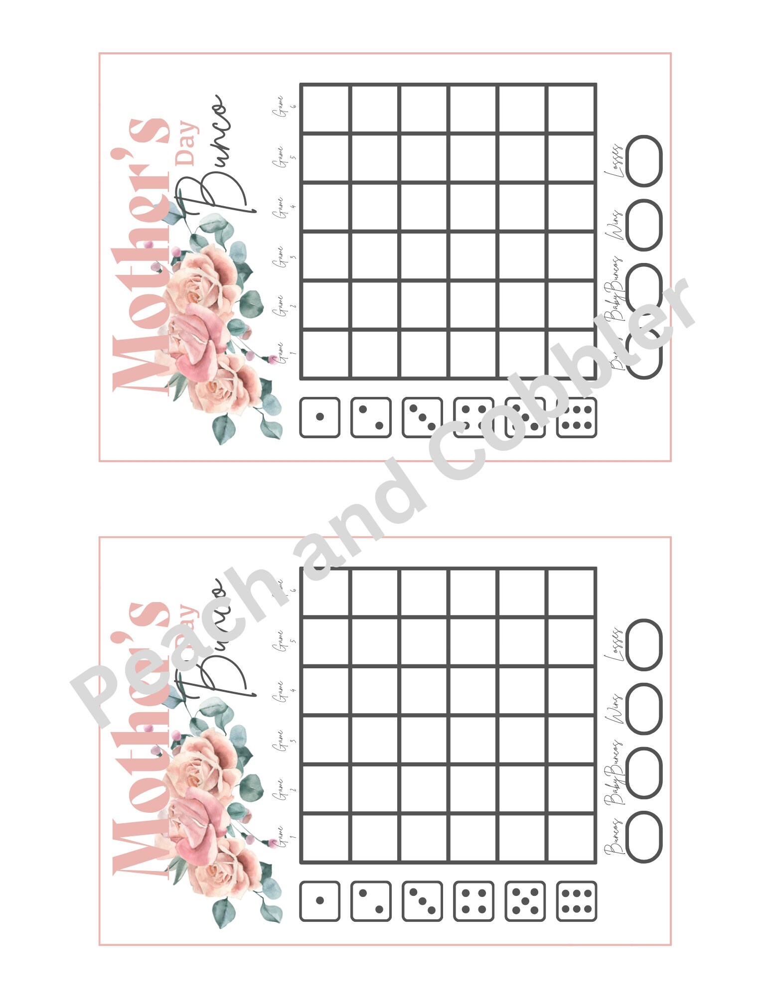 Mothers Day Bunco Score Card and Tally Sheet Printable Digital Download ...