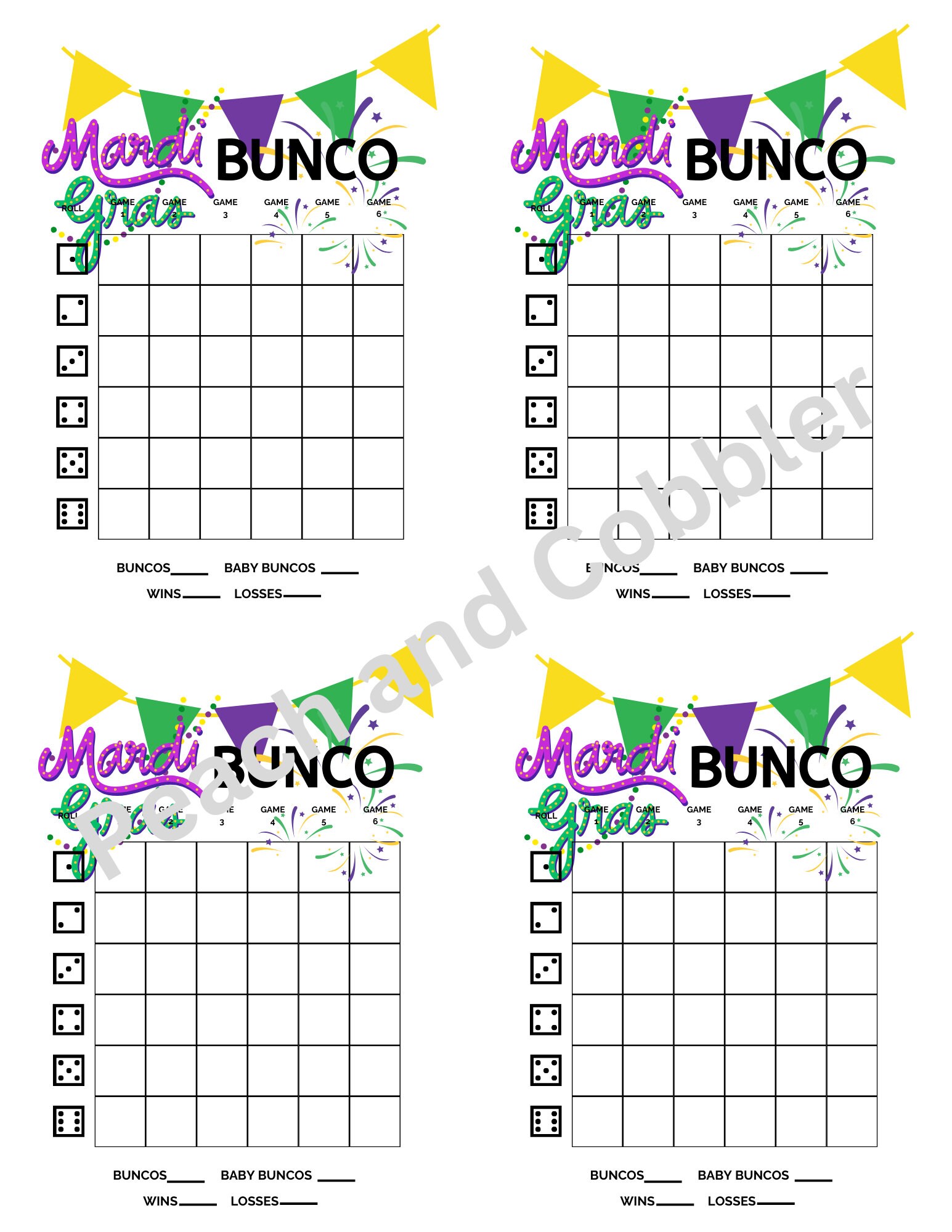 Mardi Gras Bunco Scorecard and Tally Sheet Printable Digital Download ...
