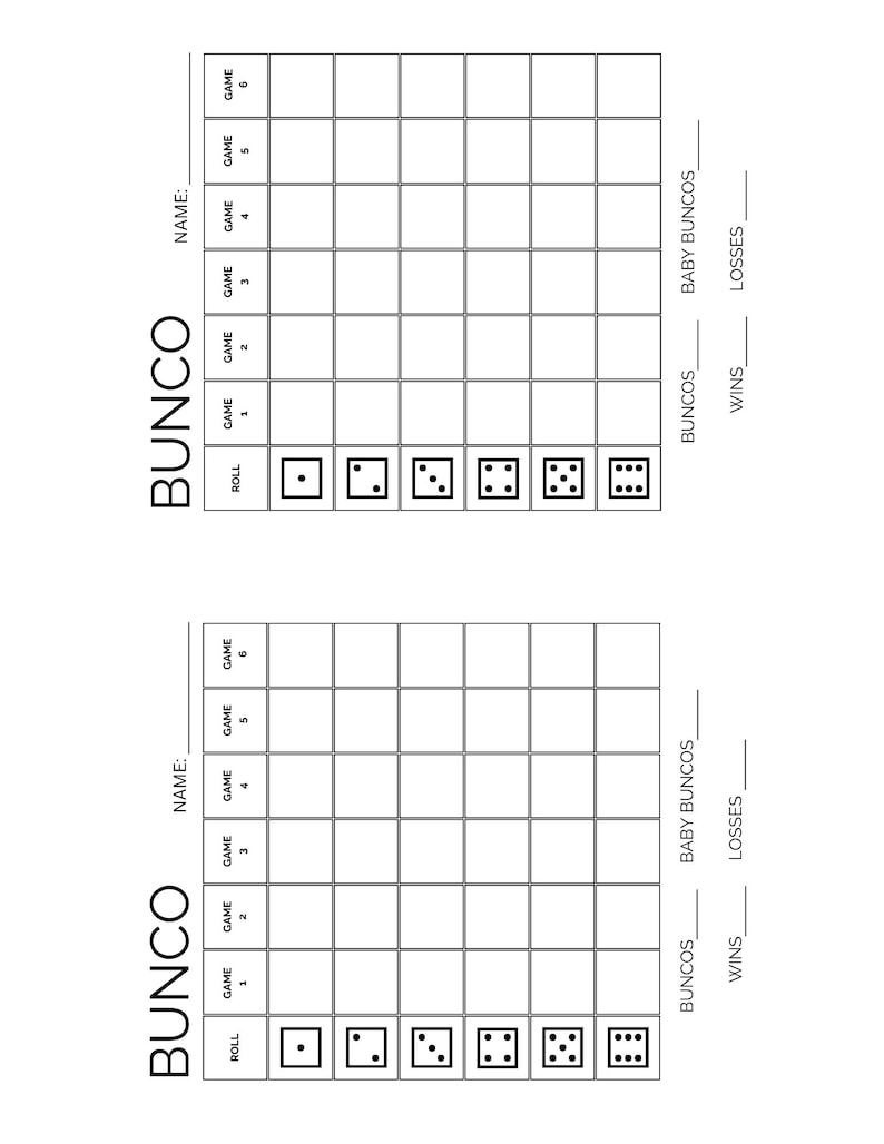 Basic Bunco | Minimalist Bunco Score Card and Tally Sheet Printable ...