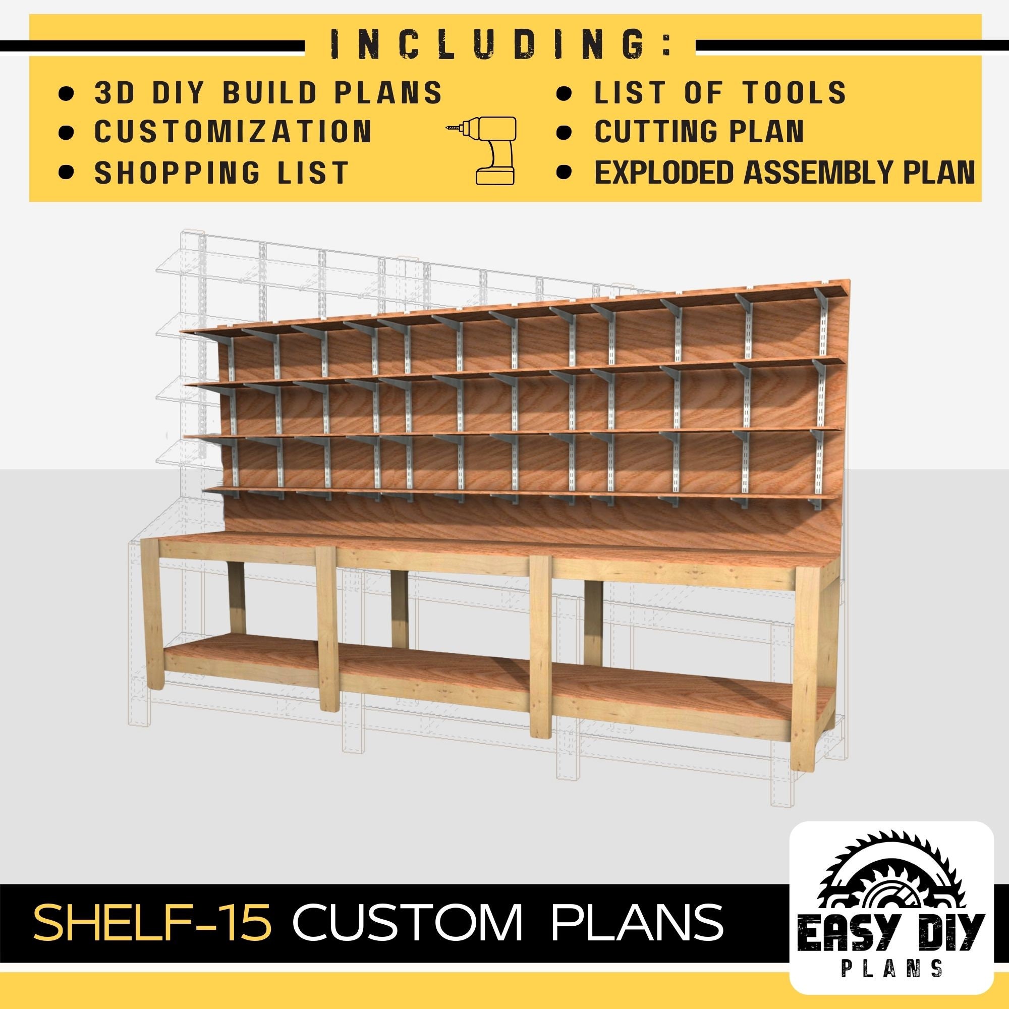 DIY Shelf CUSTOM PLANS With Storage and Workbench Diy Garage Shelf Tool ...