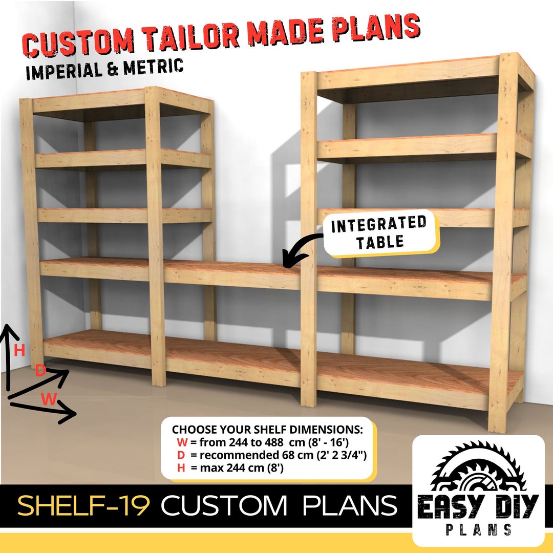 DIY Storage Plans CUSTOM PLANS Garage Shelf Integrated Workbench Plan ...