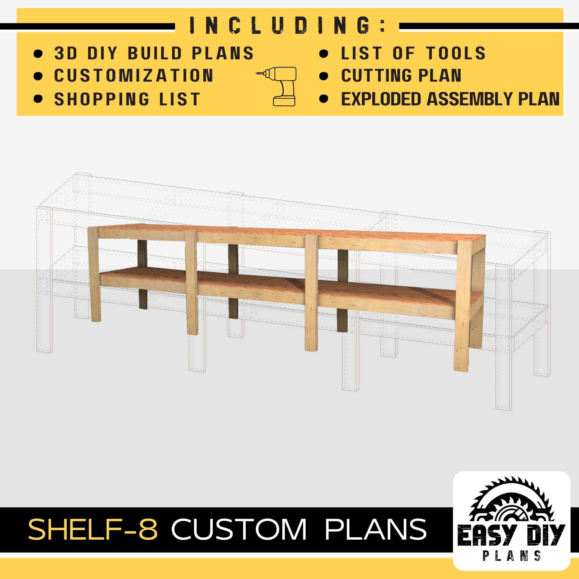 Custom DIY Workbench & Storage PLANS Diy Easy Shelf Custom Plans Garage ...