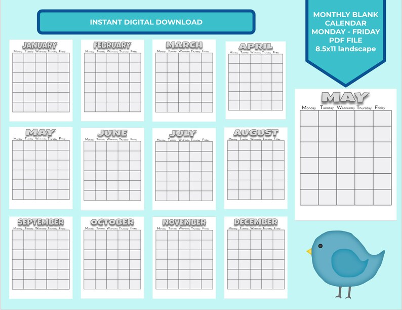 Back to School Blank Monthly Calendar Printable Download - Etsy