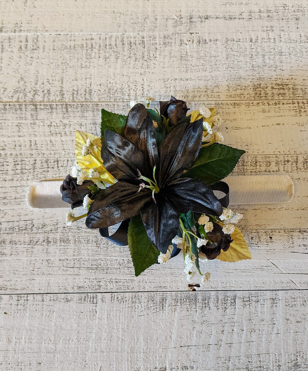 Chic Black Lily and Rose Corsage With Gold Accent Leaves - Great for ...