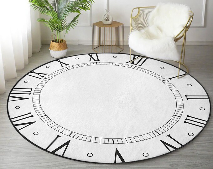 Clock Design Carpet, Clock Themed Circle Rug, Black & White Time Themed ...