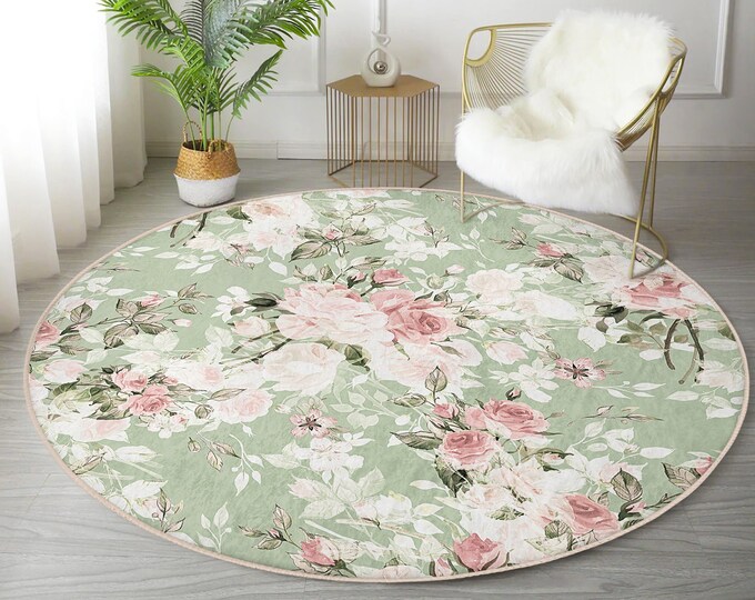 Green & Pink Floral Area Rug, Blossom Floor Mat, Spring Rug for Living ...