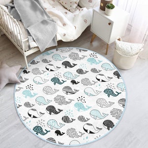Blue and White Whale Rug, Nautical Baby Room Rug, Ocean & Sea Nursery ...