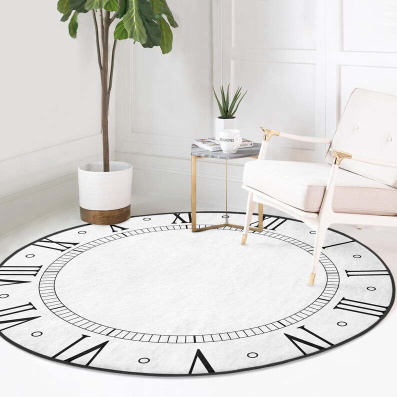 Clock Design Carpet Clock Themed Circle Rug Black & White - Etsy