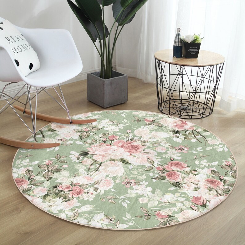 Green & Pink Floral Area Rug Blossom Floor Mat Spring Rug - Etsy