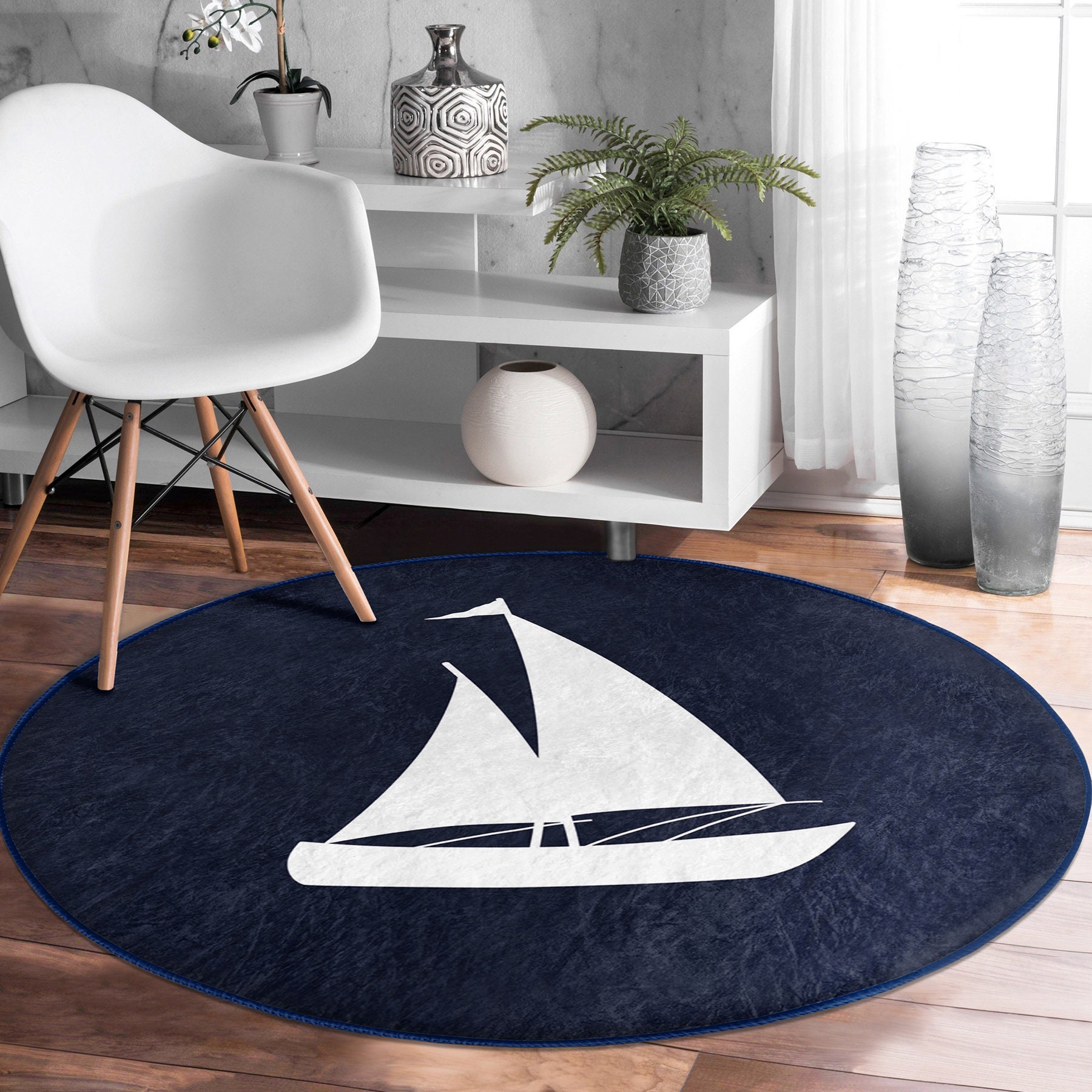 Sailing Ship Round Rug Navy Blue & White Nautical Circle - Etsy