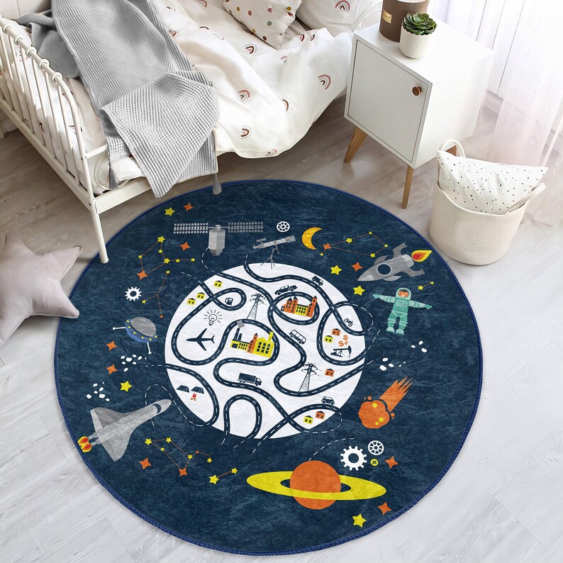 Space Themed Round Rug Non-slip Circle Rug Educational Rug - Etsy