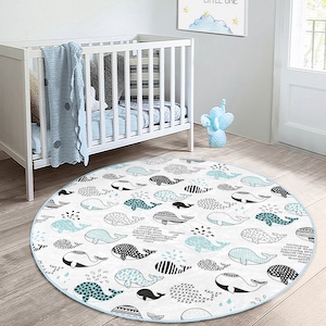 Blue and White Whale Rug, Nautical Baby Room Rug, Ocean & Sea Nursery ...