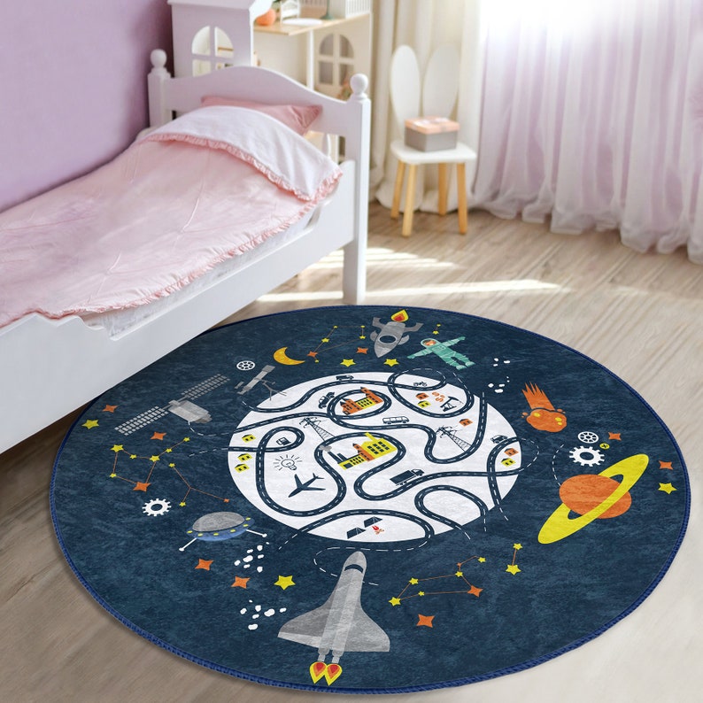 Space Themed Round Rug Non-slip Circle Rug Educational Rug - Etsy