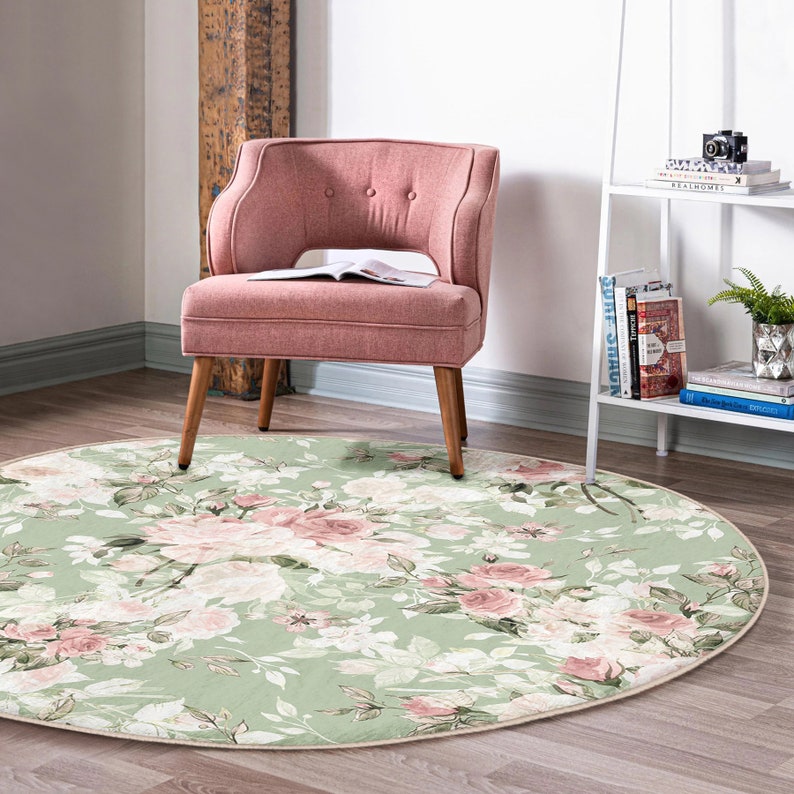 Green & Pink Floral Area Rug Blossom Floor Mat Spring Rug - Etsy