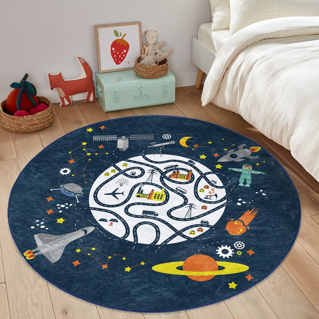 Space Themed Round Rug Non-slip Circle Rug Educational Rug - Etsy